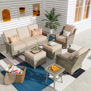 ovios 6 piece outdoor patio furniture with cozy comfortable swivel chair,rattan wicker coversation couch set with 3 seater sofa,sectional set for outside patio balcony backyard pool,beige