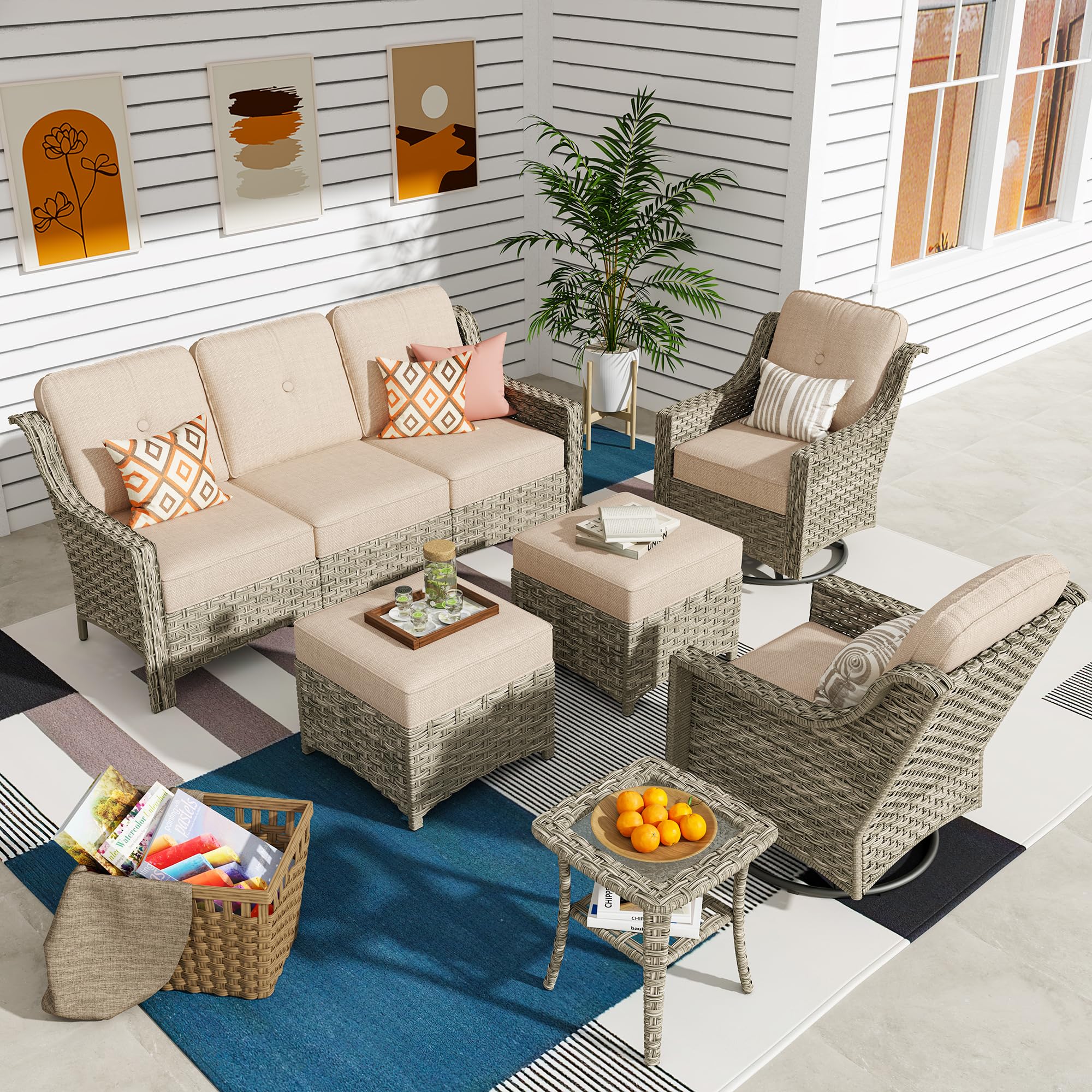 ovios 6 Piece Outdoor Patio Furniture with Cozy Comfortable Swivel Chair,Rattan Wicker Coversation Couch Set with 3 Seater Sofa,Sectional Set for Outside Patio Balcony Backyard Pool,Beige