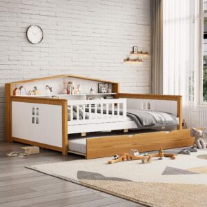 meritline full size daybed with trundle and bookcase headboard, wood daybed sofa bed with charming house-shaped design,kids bed frames with windows and safety rails,walnut and white