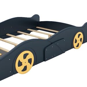 Acosure Full Size Race Car-Shaped Platform Bed with Wheels,Wooden Car Bedframe W/Storage Space,No Box Spring Required,for Boys Toddlers Kids Child's Bedroom,Dark Blue+Yellow