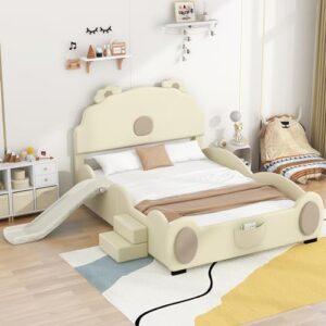 bovza kids cute full size upholstered platform bed frame with children's slide and piglet shape headboard, wooden slats support, no box spring needed, beige