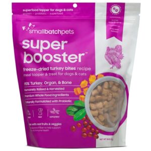 smallbatch pets freeze-dried super booster turkey bites for dogs & cats, 18 oz, made in the usa, humanely raised single protein source, topper & treat, with organic vegetables and probiotics