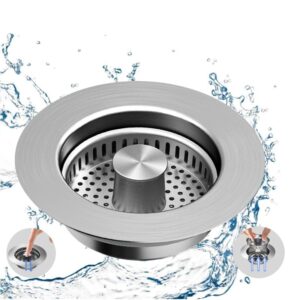 3-in-1 kitchen sink strainer stopper combo stainless steel wrap around sink downspout for us standard 3-1/2 inch sewer strainer, smooth handle for easy cleaning, anti-clogging