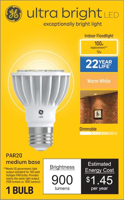 GE Lighting GE Ultra Bright LED Indoor Floodlight PAR20, 12 watts, 900 lumens, 100 watt Replacement, Dimmable, Warm White, Medium Base, exceptionally Bright LED Light Bulb