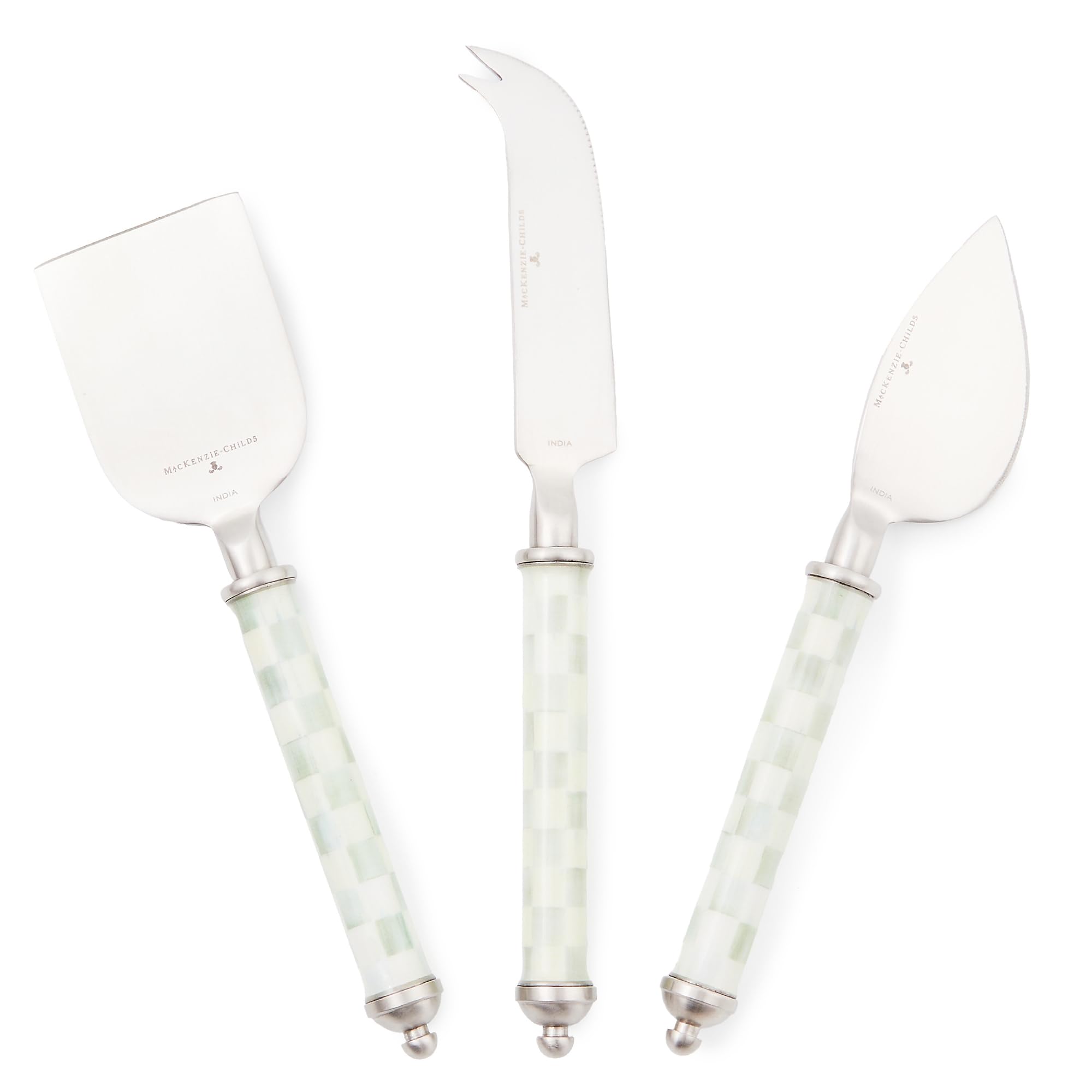 MACKENZIE-CHILDS Supper Club Cheese Knife Set, Stainless-Steel Cheese Slicers, Charcuterie Accessories, Set of 3, Gray-and-White Sterling Check