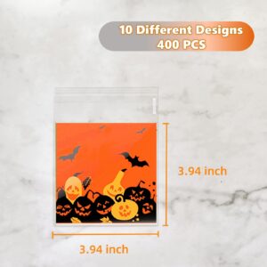 AXYEEUR 400 Pcs Halloween Candy Bags,Halloween Self Adhesive Clear Cookie Treat Bags,10 Styles Halloween Cellophane Bags for Party Favors Supplies