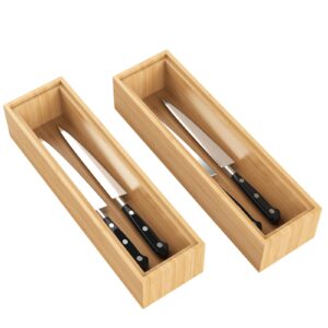 bamboo drawer organizer, 2pcs stackable storage boxes for utensil organizer, wood tray for kitchen, bathroom and bedroom 12" x 3" x 2"