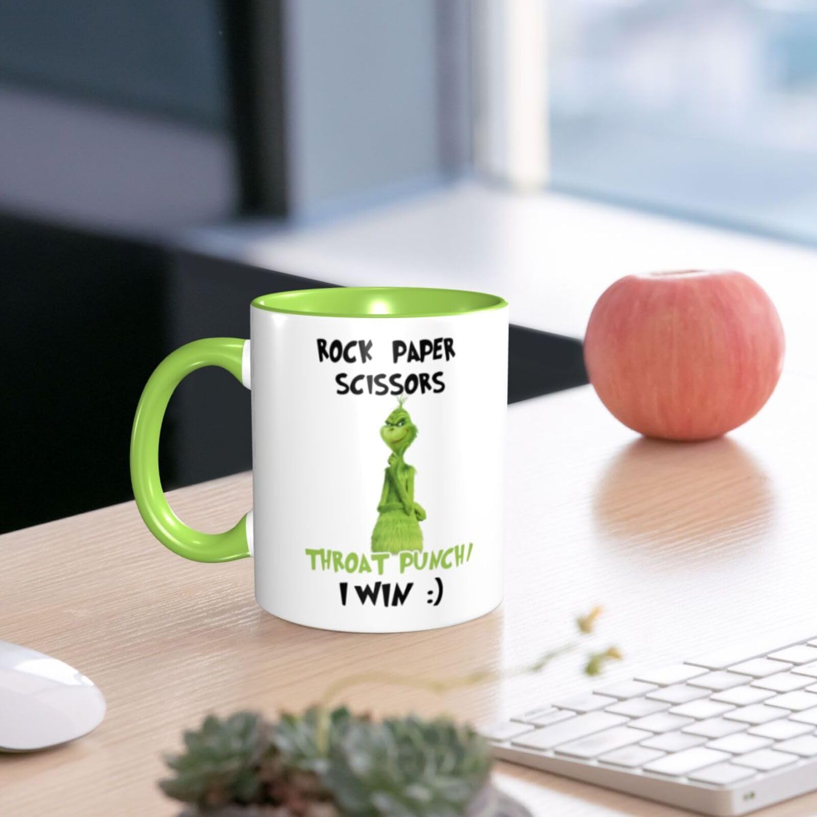 LINKEQICHE Funny Mug Rock Paper Scissors Throat Punch I Win Coffee Mug Gift Coffee Mug Internal And Handle Green 11Oz Mug