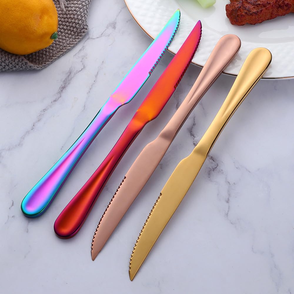 TEAHAHA Steak Knife Set,Stainless Steel Steak Knives Set of 8,Sharp Serrated Steak Knife For Kitchen Restaurant Party,9 Inches Meat Knife Set, Dinner Knife,Mix colors