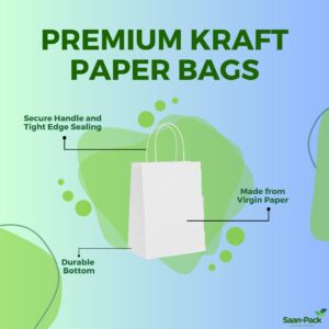 Saan-Pack Kraft Paper Bags with Handles 8"x4.5"x10.25", 25 Pack, White | Paper Gift Bag, Shopping Bag for Parties, Favors, Businesses