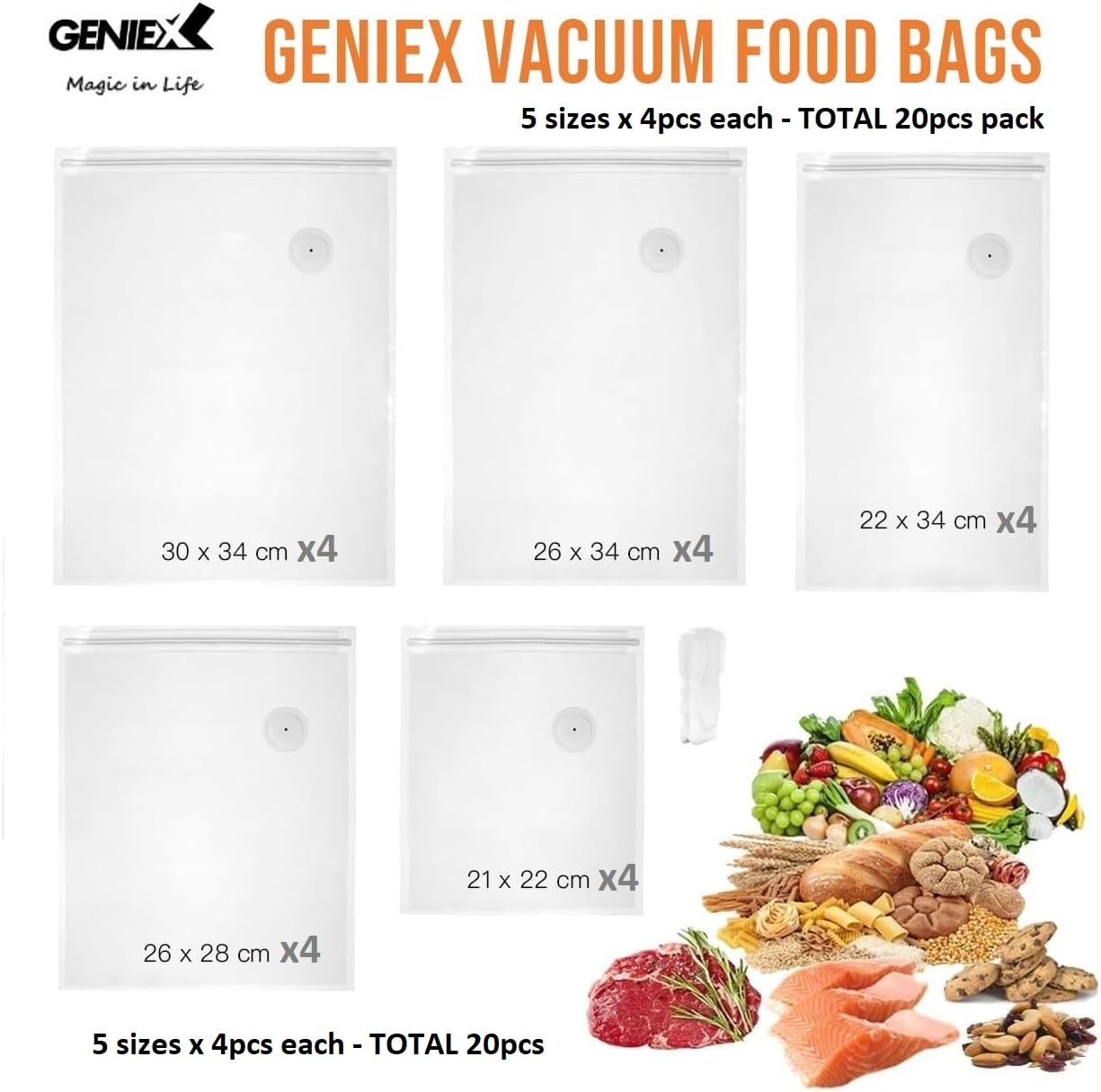 Vacuum Seal Bags for Food, Reusable Freezer Vacuum Storage Bags, Vacuum Food Saver Bags for Vacuum Sealer Hand held | Enhanced Air Valve, Easy Vacuum, Less Waste, Keep Fresh (20pcs pack)