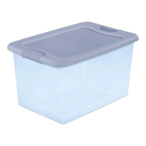 dqoasd 64 qt latching storage box, stackable bin with latch lid, plastic container to organize clothes in closet, clear with gray lid, blue