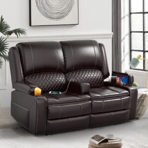 yolsali loveseat recliner sofa, manual reclining loveseat with removable armrest, faux leather recliner loveseat for adults with 2-tier cushions, usb charging ports, cup holders - brown