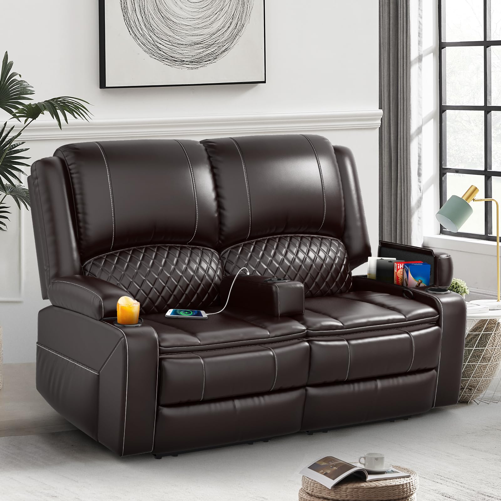 Yolsali Loveseat Recliner Sofa, Manual Reclining Loveseat with Removable Armrest, Faux Leather Recliner Loveseat for Adults with 2-Tier Cushions, USB Charging Ports, Cup Holders - Brown