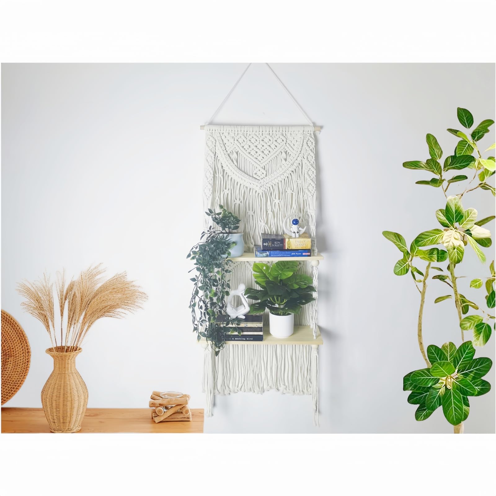 MELLAQUEST Macrame Wall Hanging Shelf - 2 Tier Boho Shelves with Woven Rope Handmade Floating Plant Shelf, Bohemian Home Decor,Shelf Organizer for Kitchen, Living Room，Bedroom，Bathroom(17.7" x 42.5")