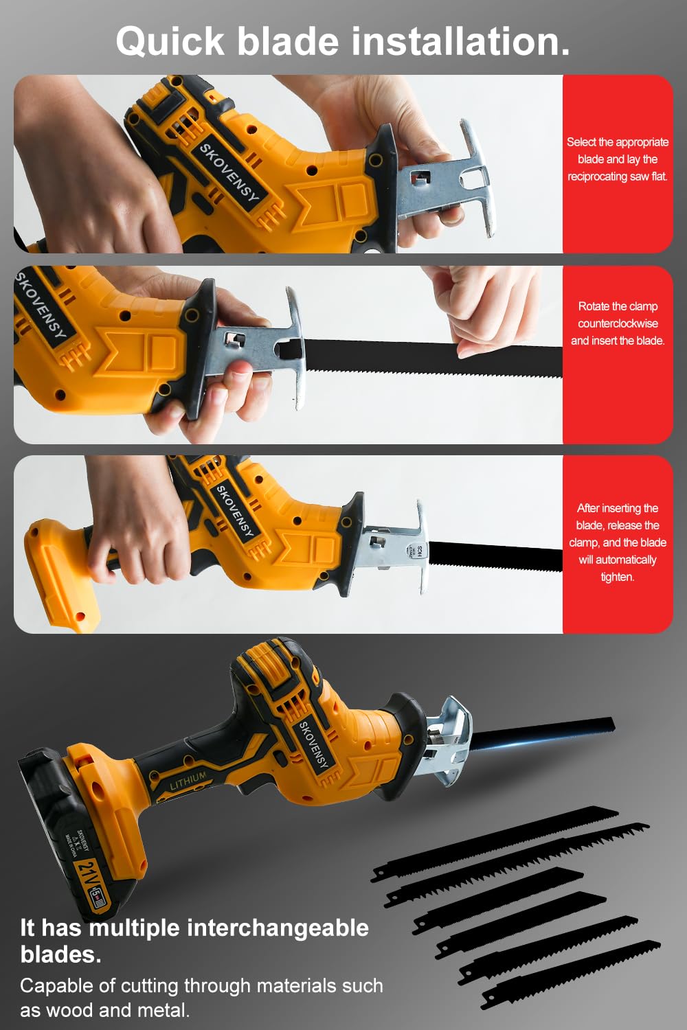 Cordless Reciprocating Saw, 2.0Ah Battery x2, Cordless Variable Speed, Blades Kit for Wood/Metal/PVC Cutting Yellow