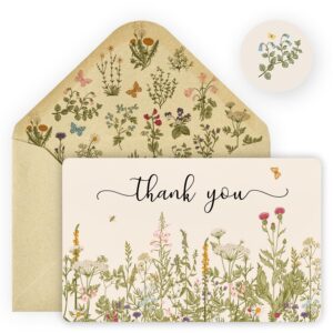 artoid mode 24 pack fall wildflower thank you cards floral leaves greeting cards gift with envelope sticker blank note cards for birthday wedding baby shower bridal shower, 4 x 6 inch