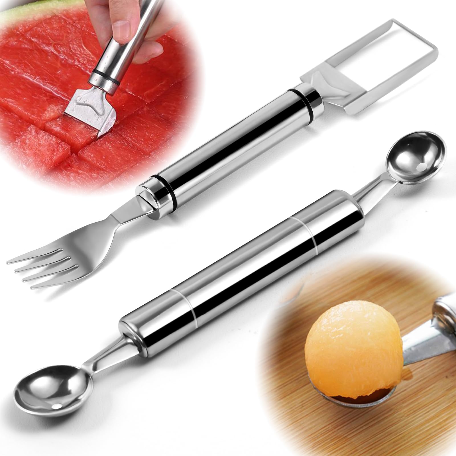 Dizzily 2PCS Watermelon Cutter Slicer Fruit Fork and Melon Baller Scoop Tool - 2-in-1 Stainless Steel Watermelon Dual Head Watermelon Cuber Cutting Tool Knife for Family Parties Kitchen Camping