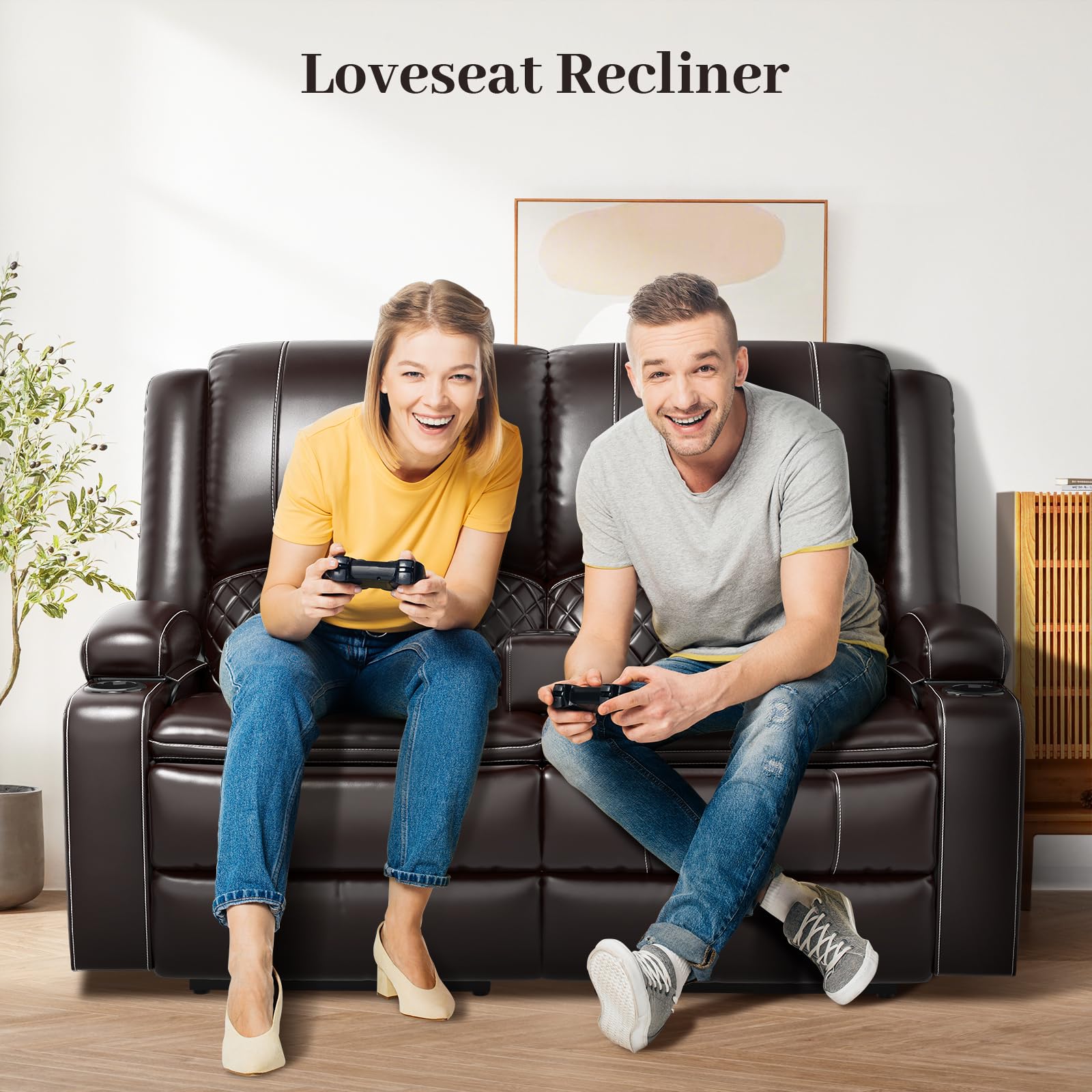 Yolsali Loveseat Recliner Sofa, Manual Reclining Loveseat with Removable Armrest, Faux Leather Recliner Loveseat for Adults with 2-Tier Cushions, USB Charging Ports, Cup Holders - Brown