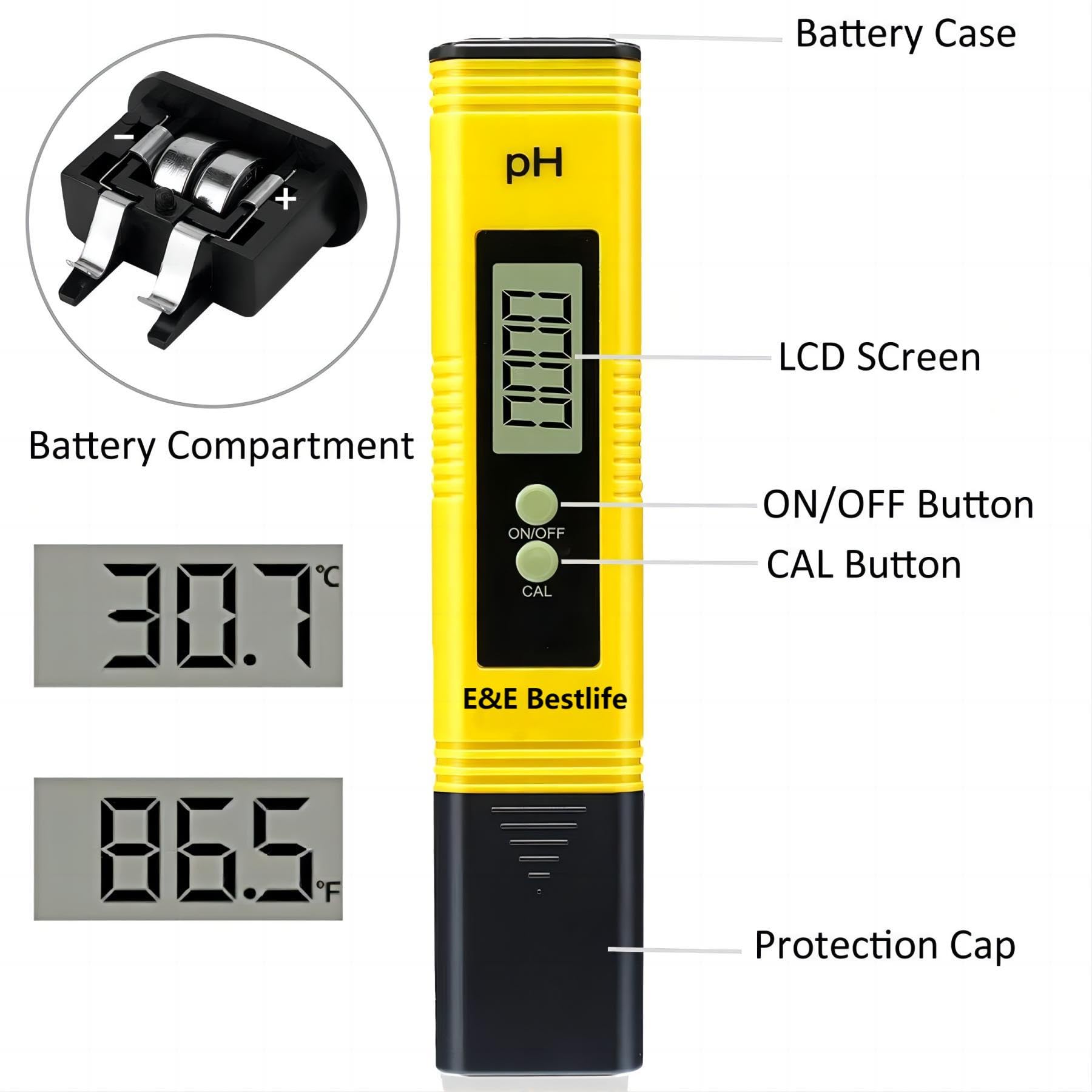 E&E Bestlife Digital pH Meter, 0.01 pH high Accuracy, Water Quality Detection Pen Type, Used in hydroponics, Drinking Water, Swimming Pools, Aquariums and Other scenarios