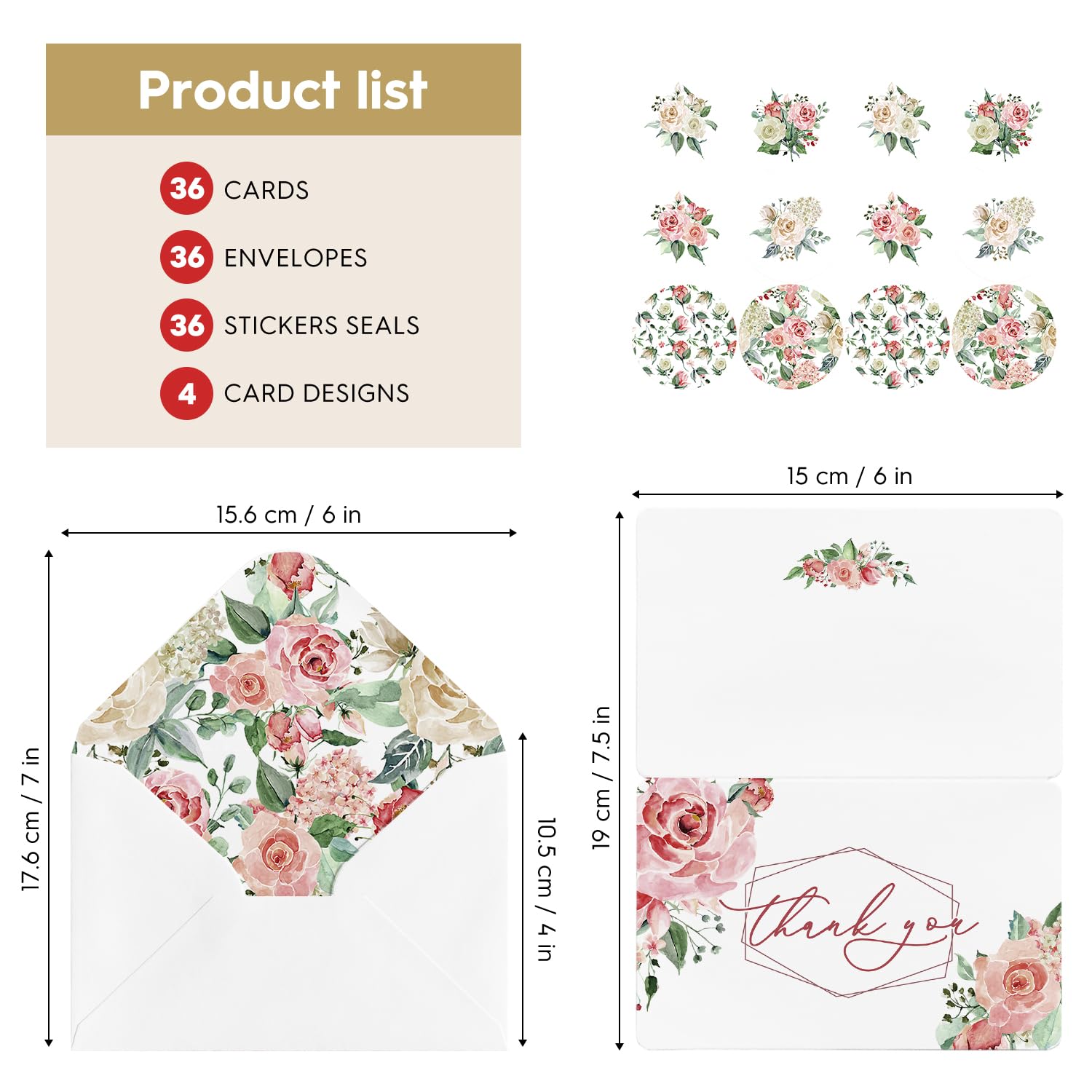 Artoid Mode 36 Pack Rose Floral Thank You Cards Wedding Greeting Cards Gift With Envelope Sticker Blank Note Cards for Birthday Wedding Baby Shower Bridal Shower, 4 x 6 Inch