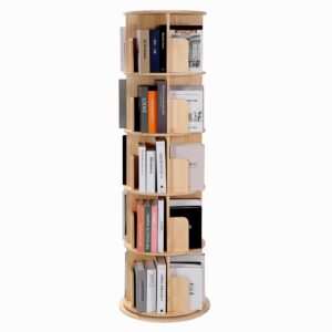 hhgrapehh rotating bookshelf, 360 display corner bookshelf for small space, 5 tier floor standing bookcase storage rack, wood narrow organizer for bedroom, living room, study room, kids&adults solid