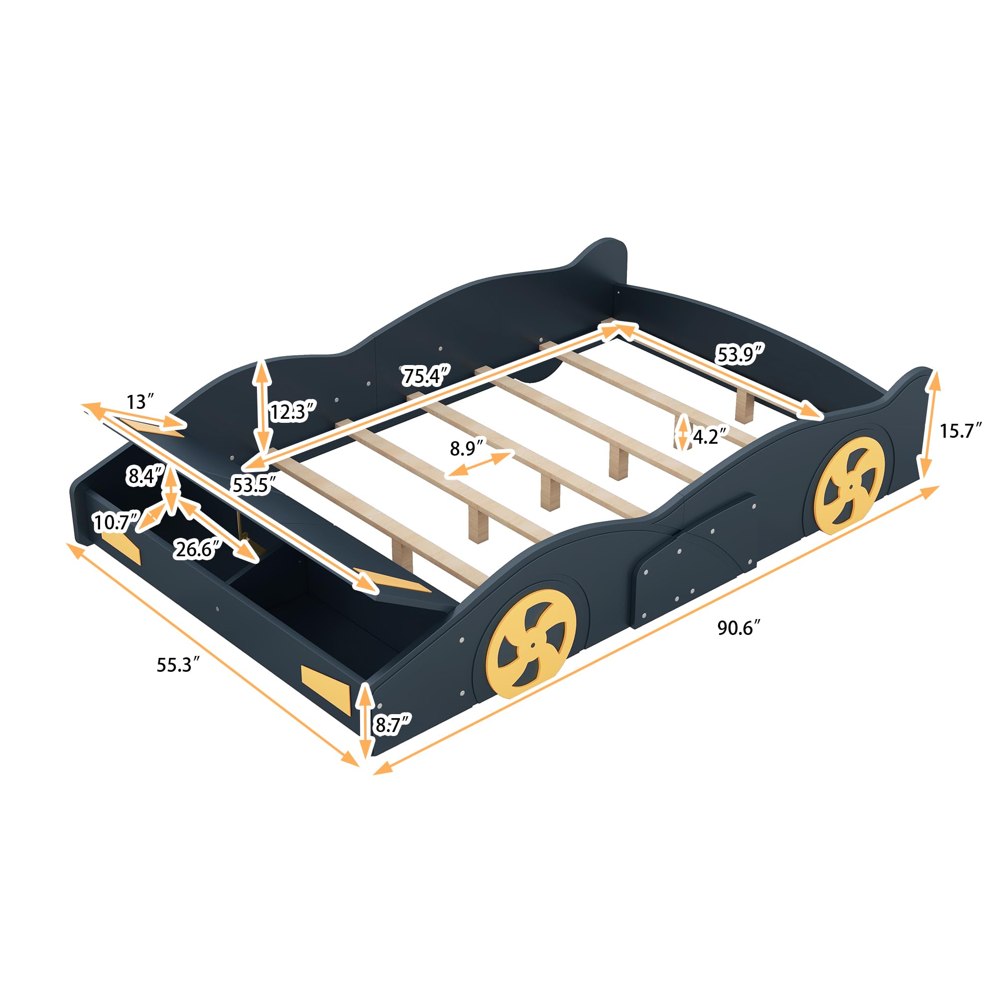 Acosure Full Size Race Car-Shaped Platform Bed with Wheels,Wooden Car Bedframe W/Storage Space,No Box Spring Required,for Boys Toddlers Kids Child's Bedroom,Dark Blue+Yellow