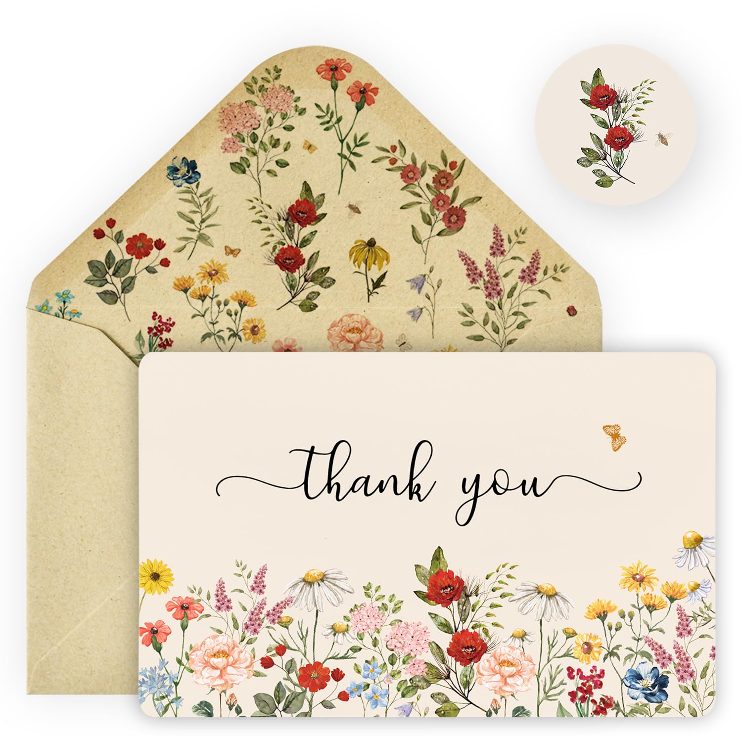 Artoid Mode 24 Pack Wildflower Thank You Cards Vintage Flower Greeting Cards Gift With Envelope Sticker Blank Note Cards for Birthday Wedding Baby Shower Bridal Shower, 4 x 6 Inch