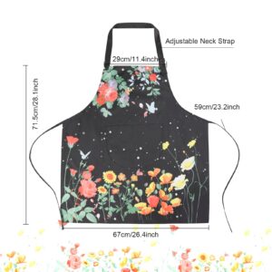 IHFAIO Apron for Women with Pockets, 2 Pcs Waterproof Floral Apron with Adjustable Neck Strap for Cooking, Baking, Gardening, Crafts