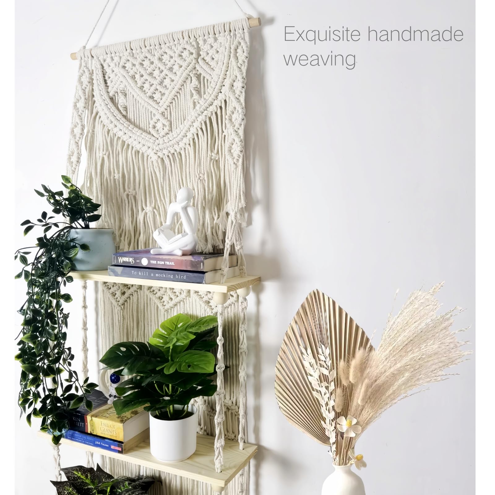 MELLAQUEST Macrame Wall Hanging Shelf - 2 Tier Boho Shelves with Woven Rope Handmade Floating Plant Shelf, Bohemian Home Decor,Shelf Organizer for Kitchen, Living Room，Bedroom，Bathroom(17.7" x 42.5")