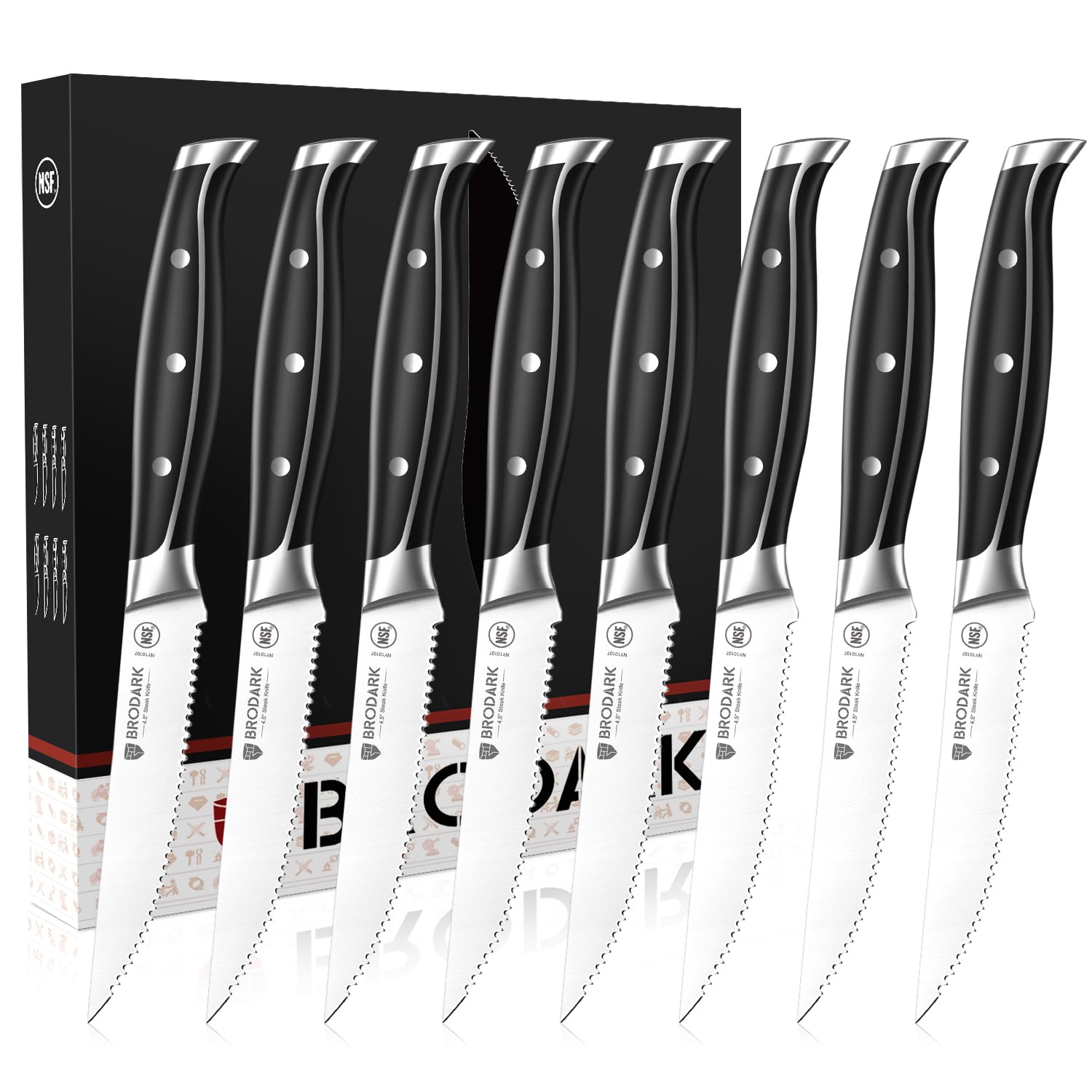 BRODARK Steak Knives Set of 8, Serrated Steak Knives with Full Tang Handle, High Carbon Stainless Steel Steak Knife Set, NSF Certified, Steel-King Series