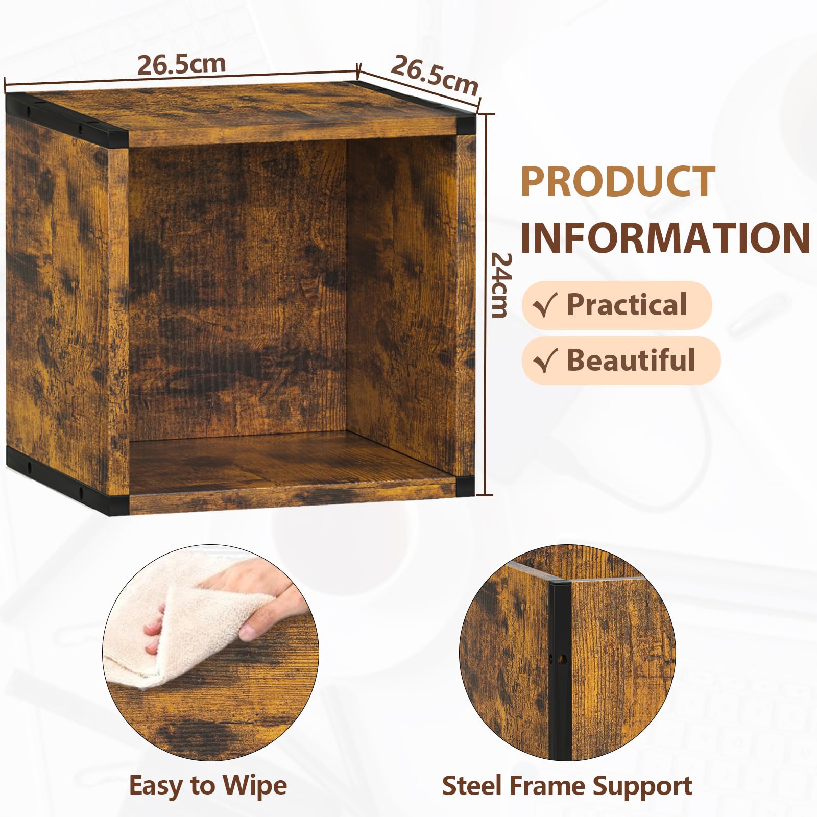 QIALINO Cube Storage Organizer Can be Connected in Pairs, Storage Bin Suitable for Closet Organizers and Storage, Clothes Storage, Bookcase, Display Shelf (Rustic Brown, 10.39 * 10.39")