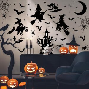 JarThenaAMCS Halloween Wall Stickers Black Witch Castle Spider Bat Wall Decals Removable Room Mural Stickers for Home Hocus Pocus Party Decor, 11.8 x 13.8 Inch, 8 Sheets