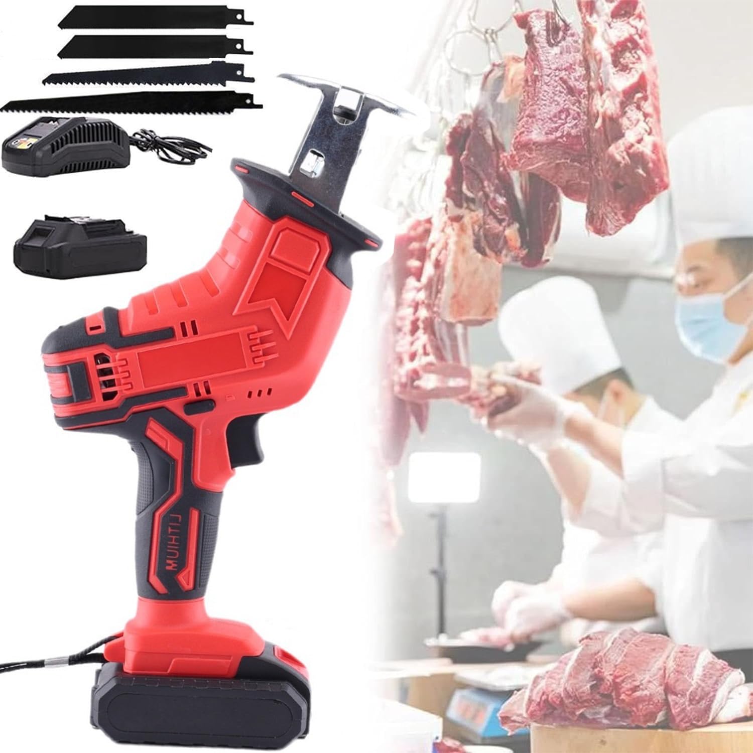 Generic Electric meat and bone saw Electric Commercial Home Butchers Saw, Electric Reciprocating Saws,Hacksaw Handheld Cordless Tools for Cutting Meat/Bones(1battery+4sawtooth)