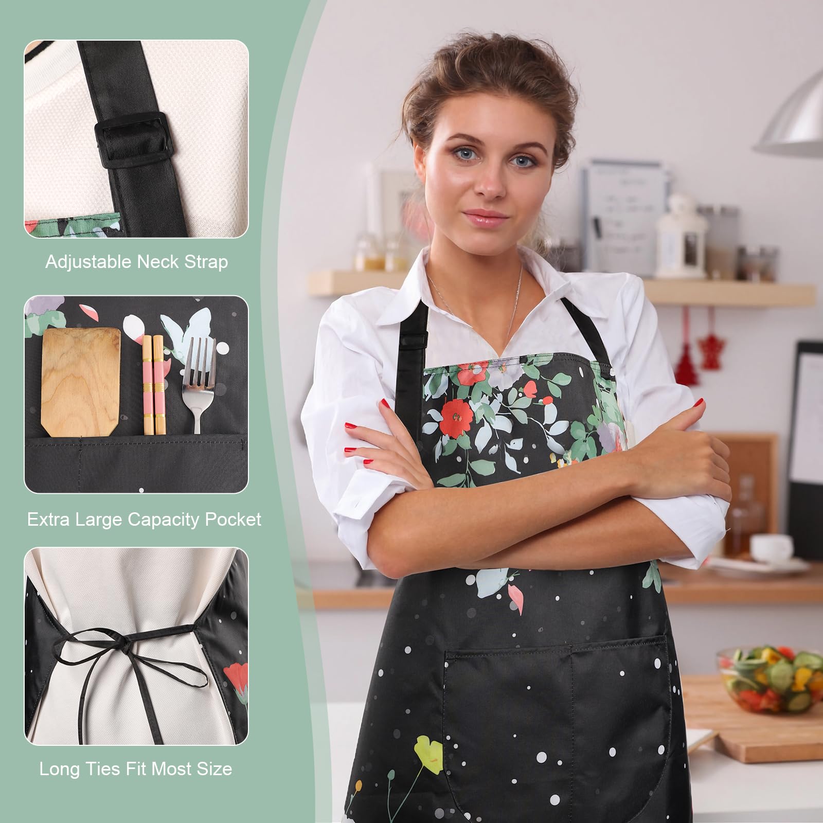 IHFAIO Apron for Women with Pockets, 2 Pcs Waterproof Floral Apron with Adjustable Neck Strap for Cooking, Baking, Gardening, Crafts