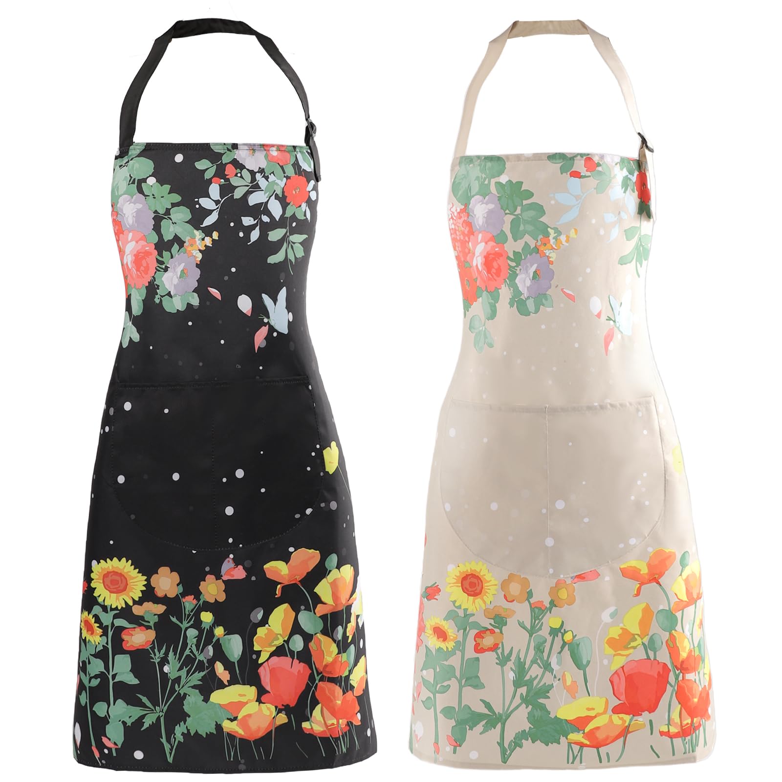 IHFAIO Apron for Women with Pockets, 2 Pcs Waterproof Floral Apron with Adjustable Neck Strap for Cooking, Baking, Gardening, Crafts