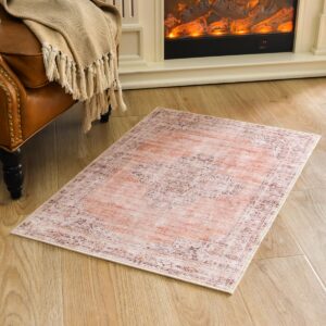 alwoligag washable vintage rug 2x3 entrance rug non-slip indoor doormat, bedroom kitchen entrance bathroom boho small rugs (pink rug)