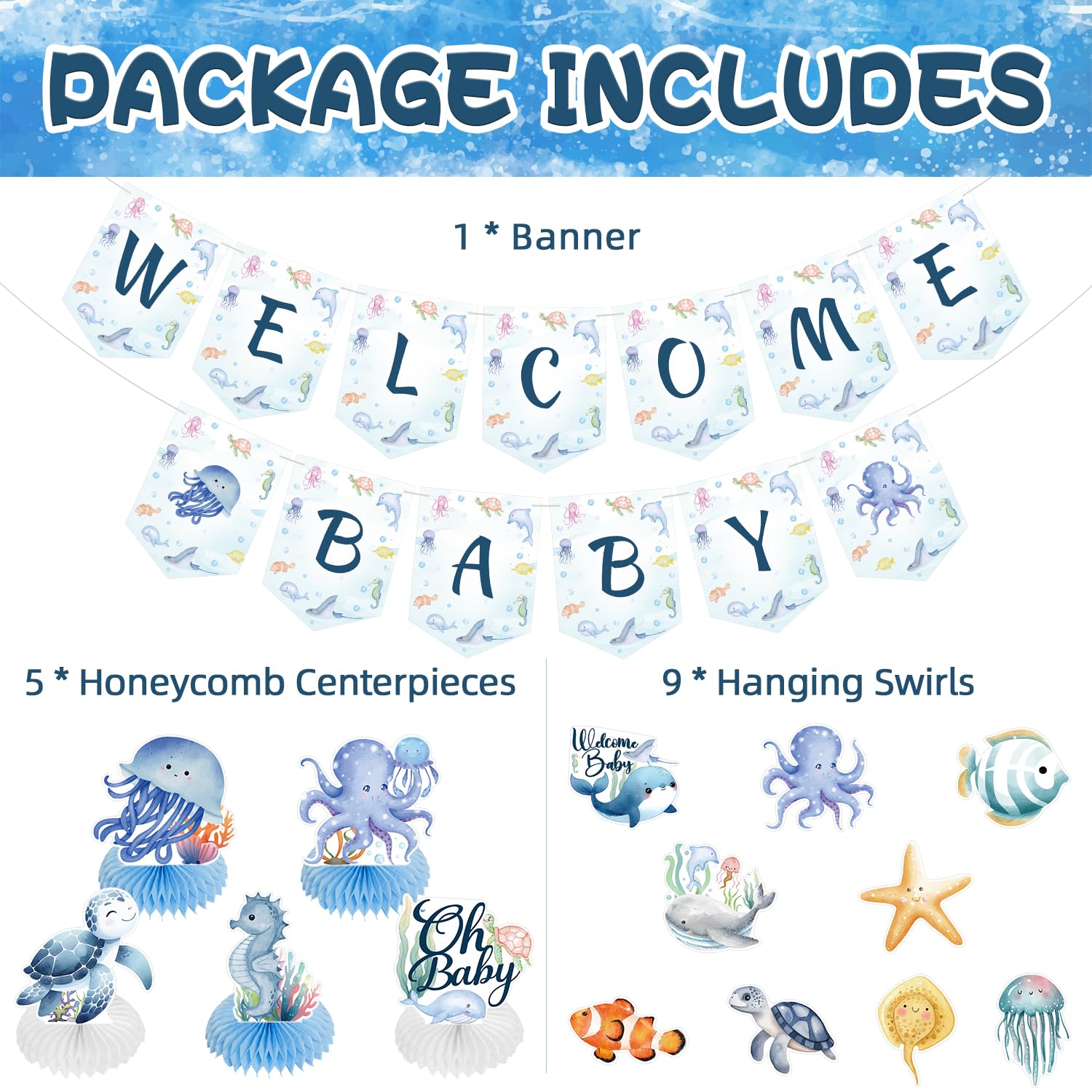 Under the Sea Baby Shower Decorations, Ocean Animals Decorations Include Welcome Baby Banner Hanging Swirls and Honeycomb Centerpiece, Under the Sea Baby Shower Supplies