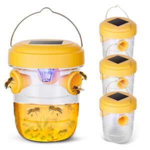 wasp traps outdoor hanging, solar powered bee traps 4 packs, yellow jacket traps-carpenter bee traps for outside, wasp deterrent killer reusable yellow jacket hornet catcher with led lights