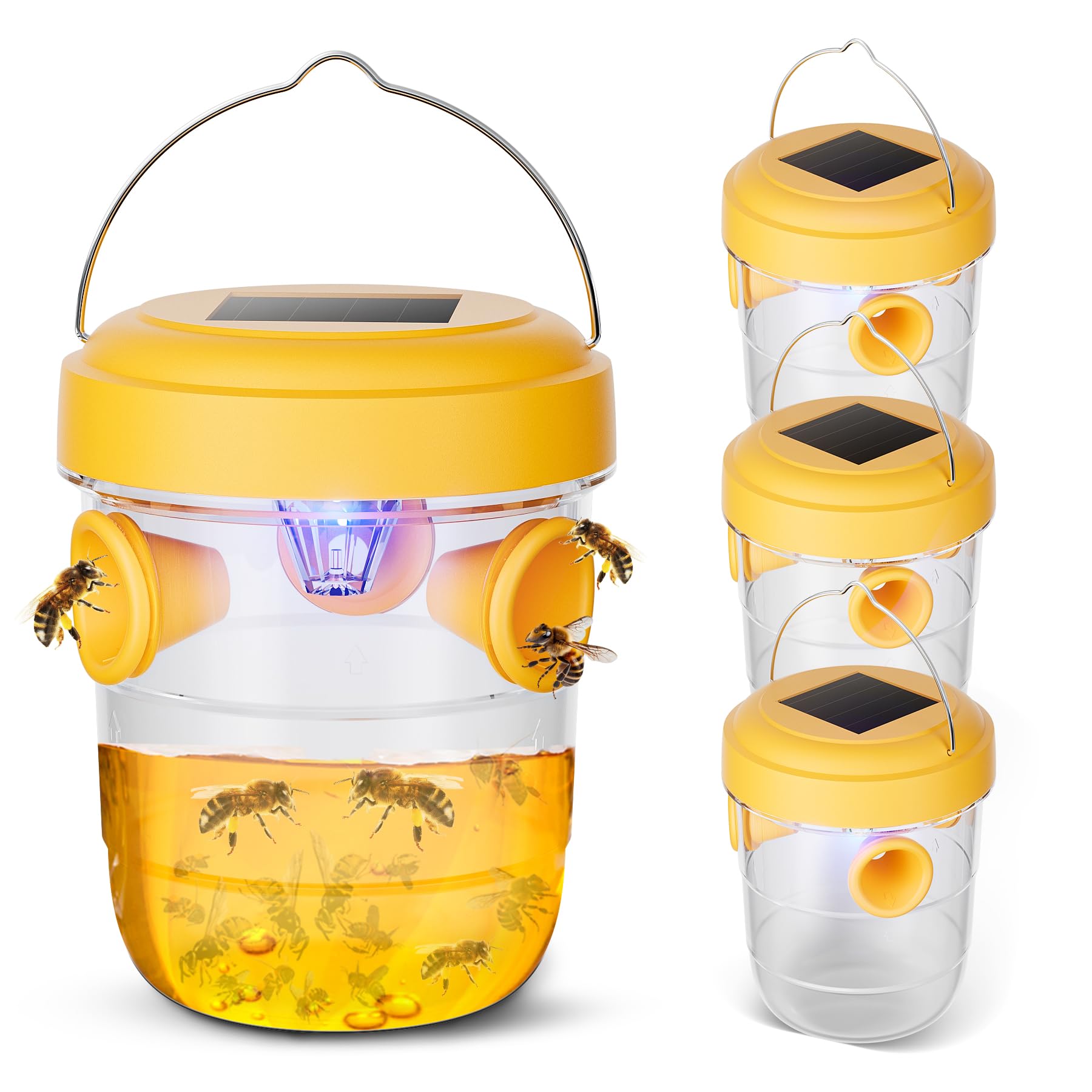 Wasp Traps Outdoor Hanging, Solar Powered Bee Traps 4 Packs, Yellow Jacket Traps-Carpenter Bee Traps for Outside, Wasp Deterrent Killer Reusable Yellow Jacket Hornet Catcher with LED Lights