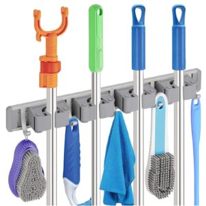 dorpix broom holder wall mount,extended broom holder and mop hanger- 4 adjustable silicone anti - slip racks and 5 hooks for garage, kitchen, bathroom, and garden tools (2 pack)