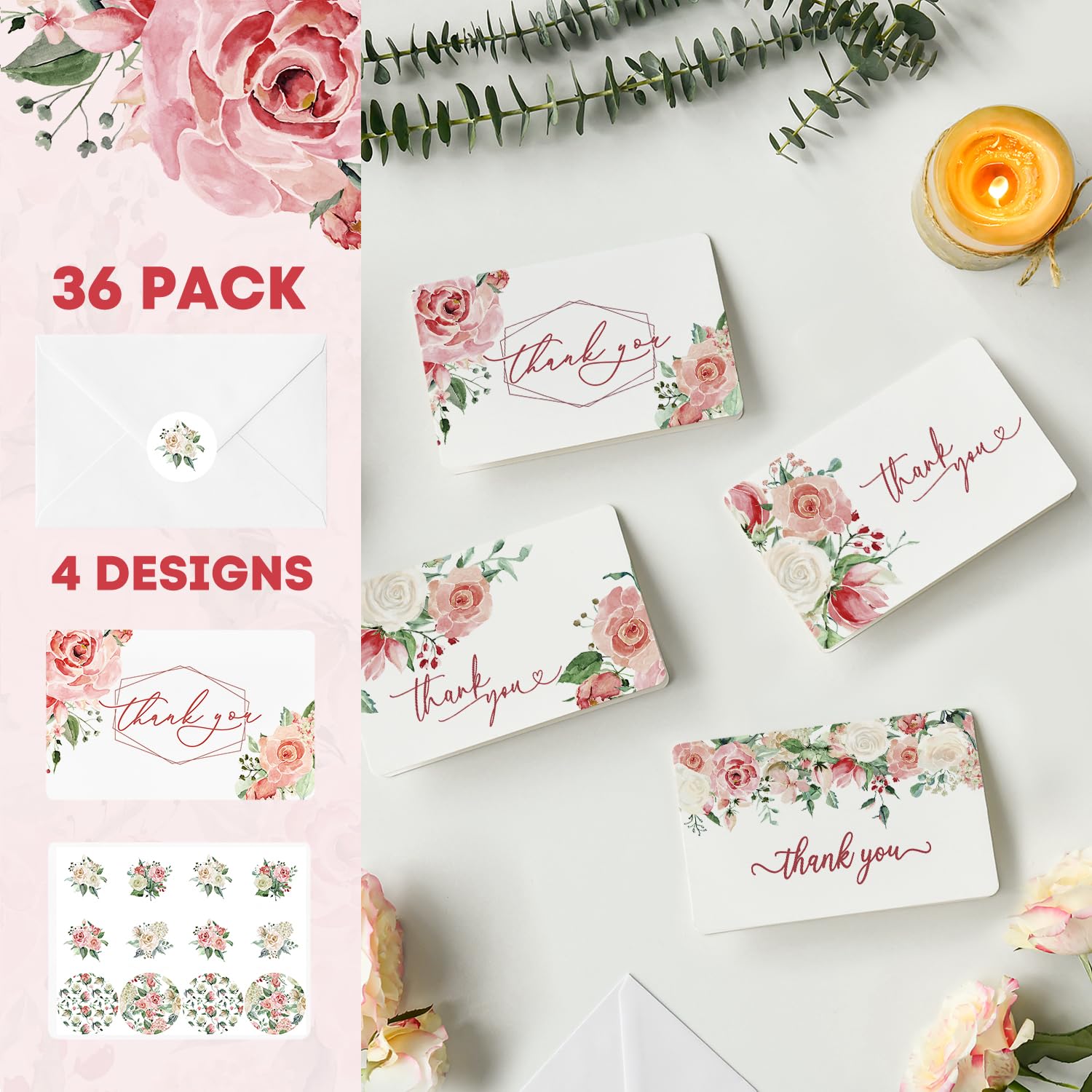 Artoid Mode 36 Pack Rose Floral Thank You Cards Wedding Greeting Cards Gift With Envelope Sticker Blank Note Cards for Birthday Wedding Baby Shower Bridal Shower, 4 x 6 Inch