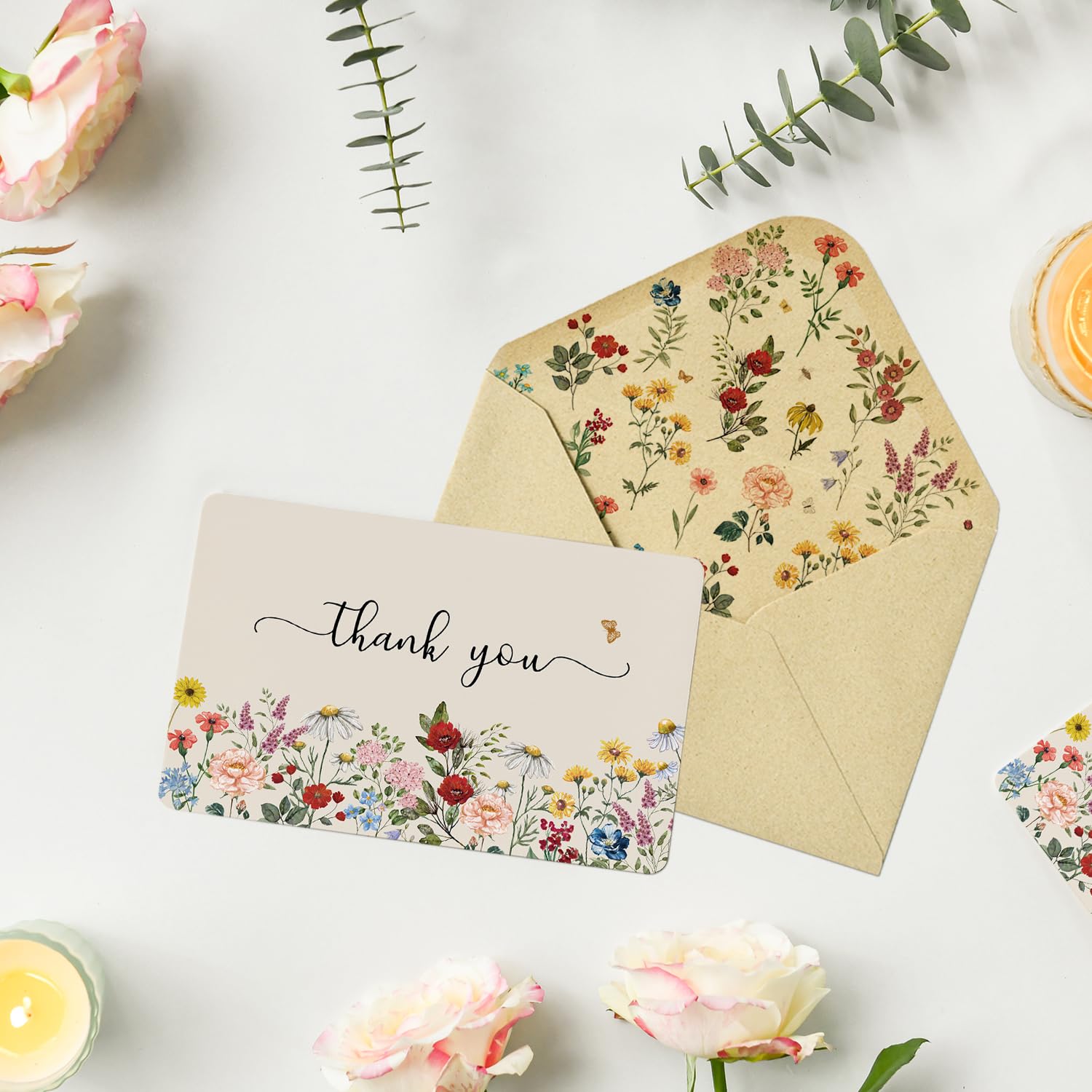 Artoid Mode 24 Pack Wildflower Thank You Cards Vintage Flower Greeting Cards Gift With Envelope Sticker Blank Note Cards for Birthday Wedding Baby Shower Bridal Shower, 4 x 6 Inch