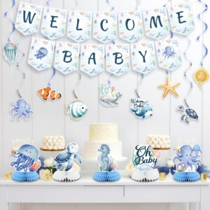 Under the Sea Baby Shower Decorations, Ocean Animals Decorations Include Welcome Baby Banner Hanging Swirls and Honeycomb Centerpiece, Under the Sea Baby Shower Supplies