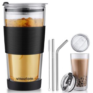 vimoztom double wall glass tumbler with straw and leak-proof lid, 17 oz borosilicate glass coffee travel mug, clear reusable to go cup, bpa-free, microwave safe