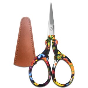 sharp embroidery and crafting scissors with leather cover, 3.62 inch stainless steel stork shaped scissors for needlework and diy crafts