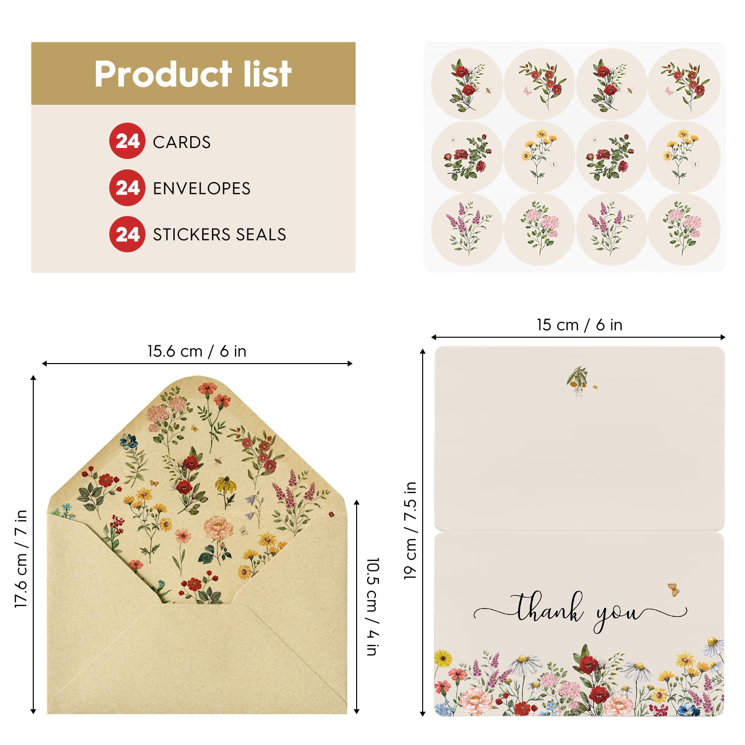 Artoid Mode 24 Pack Wildflower Thank You Cards Vintage Flower Greeting Cards Gift With Envelope Sticker Blank Note Cards for Birthday Wedding Baby Shower Bridal Shower, 4 x 6 Inch