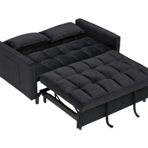 NDPQN 3 in 1 Convertible Sleeper Sofa Bed,Modern Pull Out Bed Couch, Velvet Upholstered Small Love Seat Lounge W/ 2 Pillows & Adjustable Back for Living Room Office (Velvet, Black)