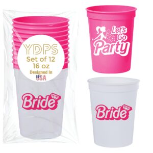 let's go party set of 12 bachelorette cups, 1 bride cup and 11 let's go party cups, 16 oz bachelorette party cups, cowgirl cups, girls trip cups, pink reusable cups, girls weekend cups girls night cup