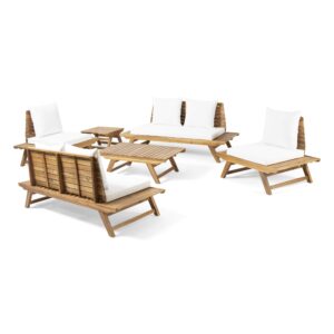 christopher knight home sedona outdoor acacia wood 6 seater chair loveseat cushions chat patio furniture conversation sets with coffee table, 37 "w x 28.25 "d x 29.5 "h, teak + white